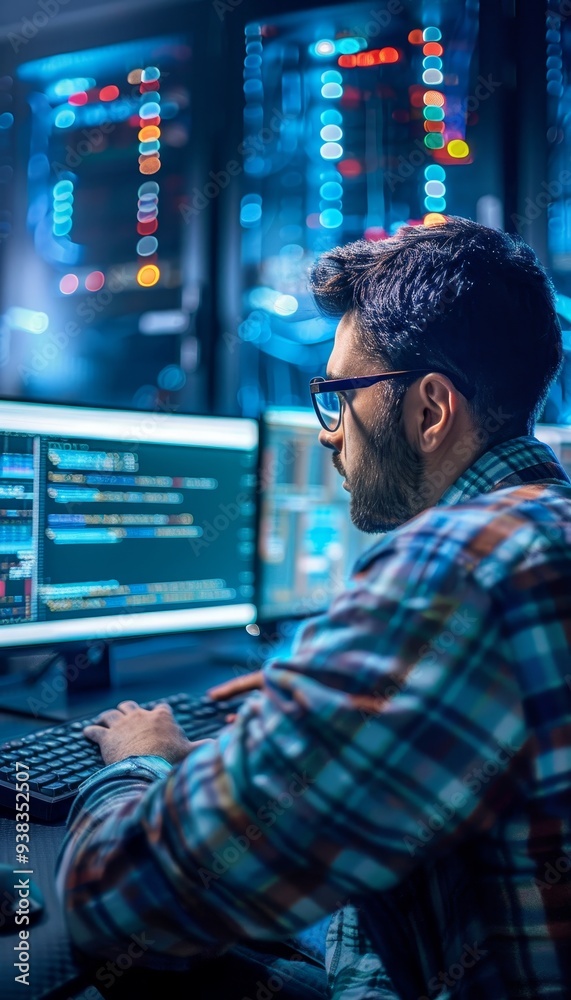 It programmer developing software and hardware in modern data center with advanced technology ...