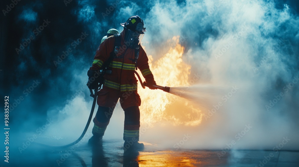 Fireman,fireman using water and extinguisher to fighting with fire ...