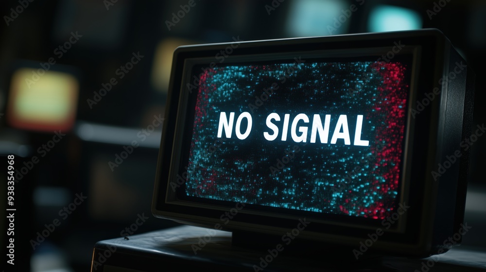 A retro-style monitor displays a "No Signal" message with a glitchy ...
