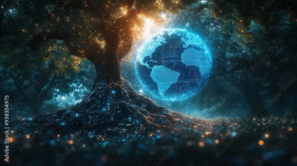 surreal landscape merging nature and technology tree roots transforming ...