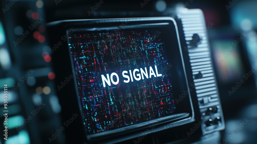 A retro-style monitor displays a "No Signal" message with a glitchy ...