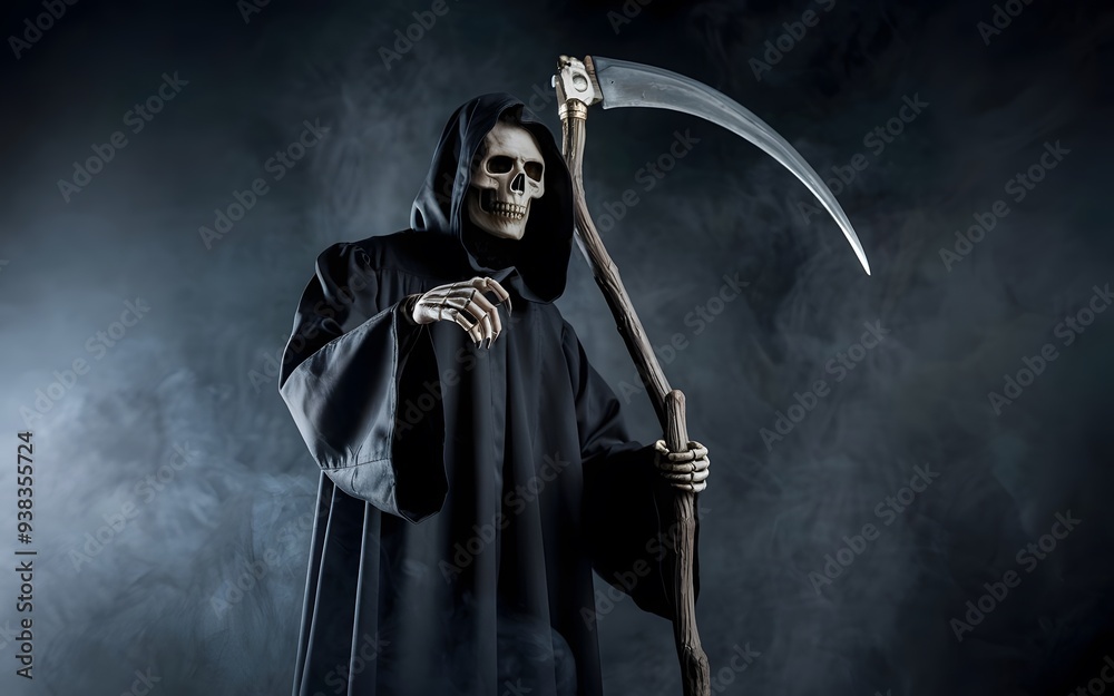 A photo of a Grim Reaper figure standing in a smoky, dark atmosphere ...