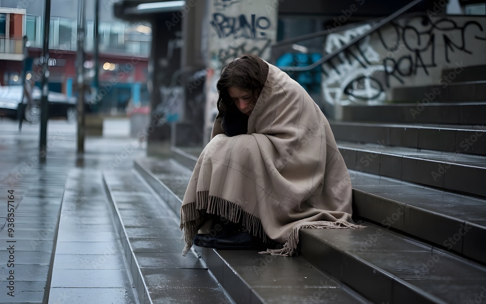 A photo of a lonely and sad homeless woman sitting on a wet stairway in ...