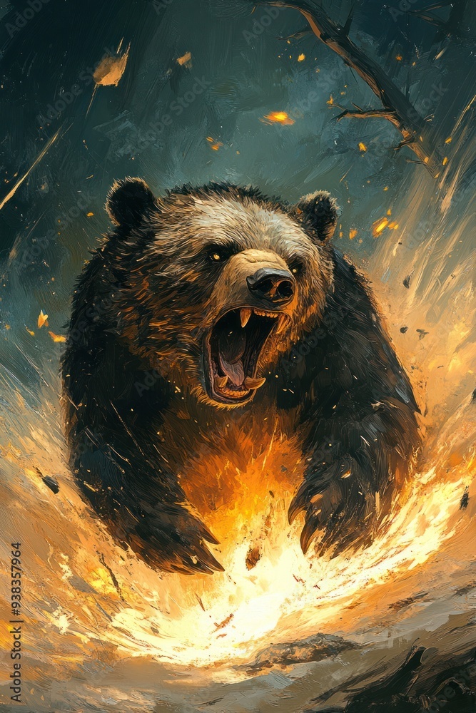 Inferno Rage: Bear Charging Through Flames - A fierce bear charges ...