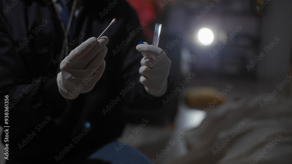 Forensic expert in gloves holding swab and test tube at indoor crime ...