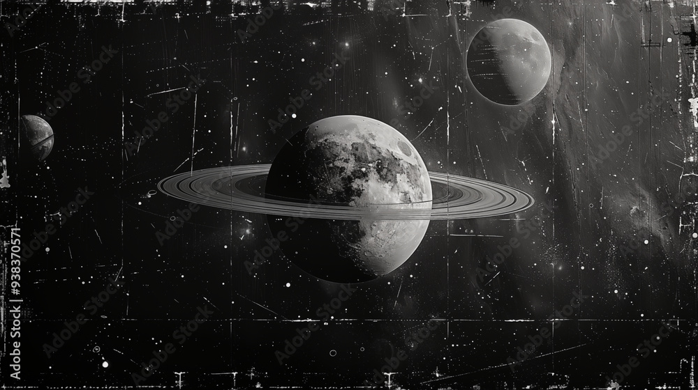 Celestial bodies with rings orbit in a starry, distressed black and ...