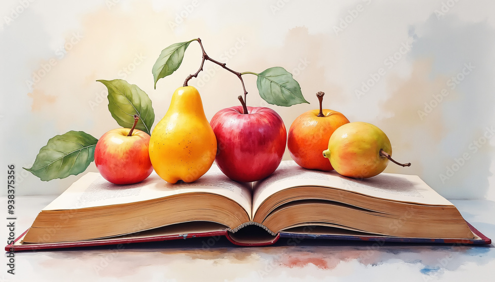 Watercolor still life paintings of fruits and objects decorating the ...