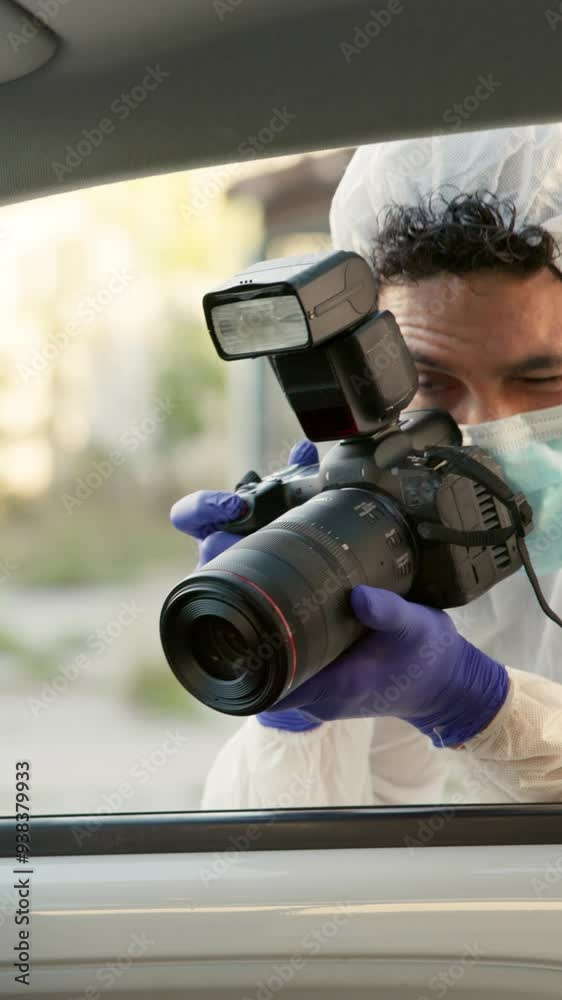 Forensic, photographer and car investigation at crime scene for evidence with hazmat, accident ...