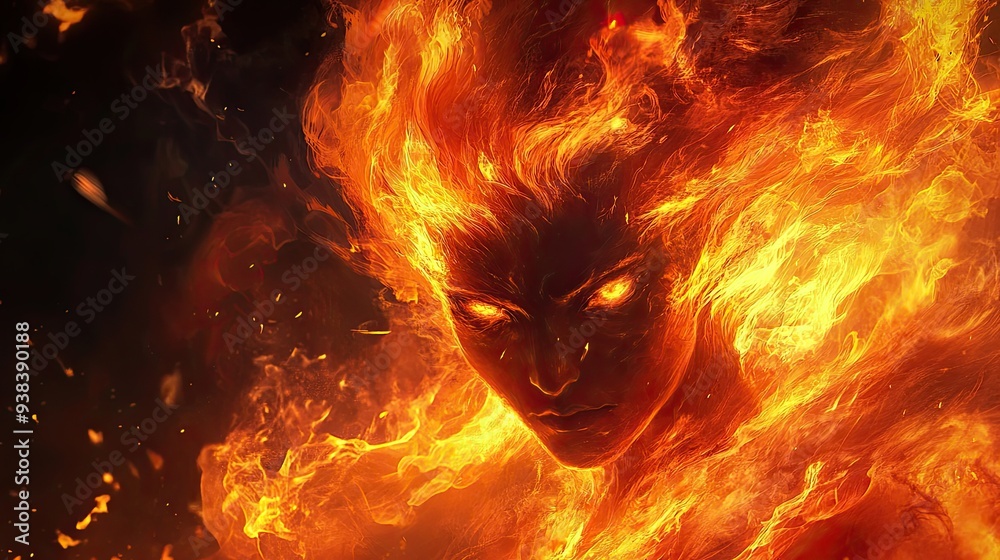 ภาพประกอบสต็อก A woman with a fiery face is depicted in a painting ภาพ ...