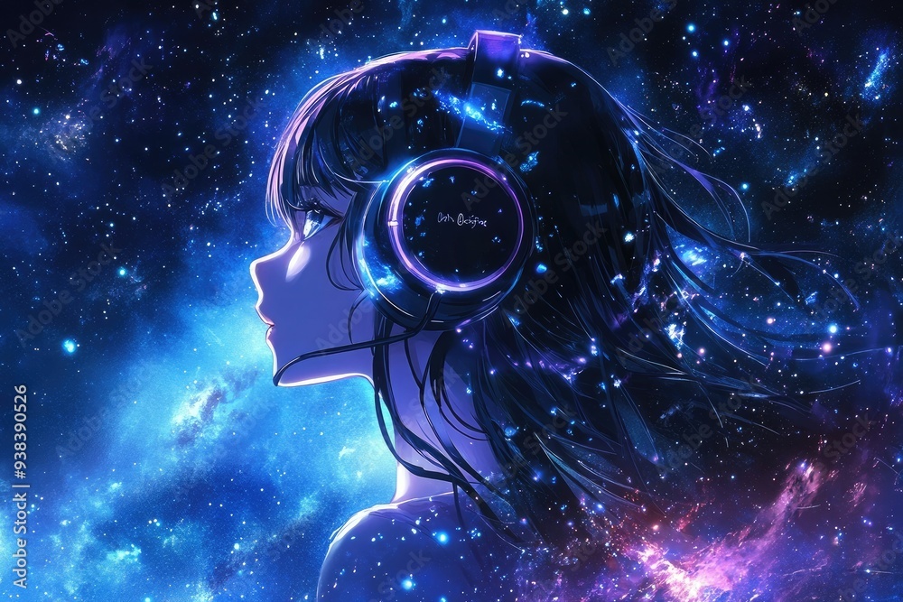 Beautiful anime girl floating in space with stars, listening to lofi ...