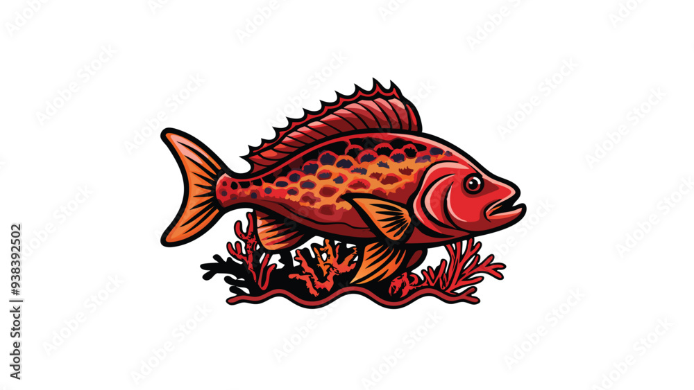 Design a vector illustration of a snapper fish in a vibrant red and ...