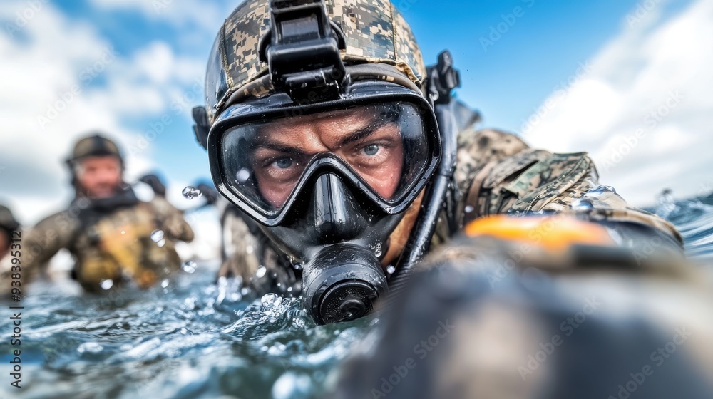 Military special forces soldier swimming in water with combat gear ...