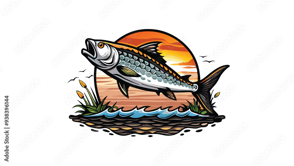Illustrate a tarpon fish jumping out of the water, in a realistic ...
