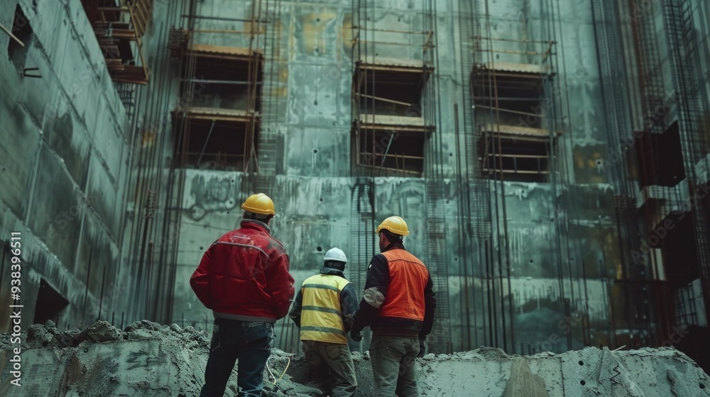 Group of construction workers posing outside a partially built ...
