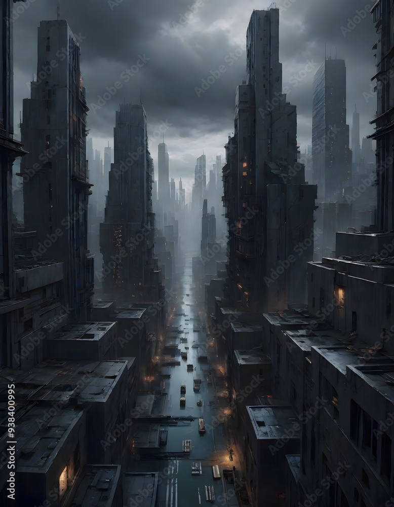Dystopian cityscape featuring towering buildings and decaying ...