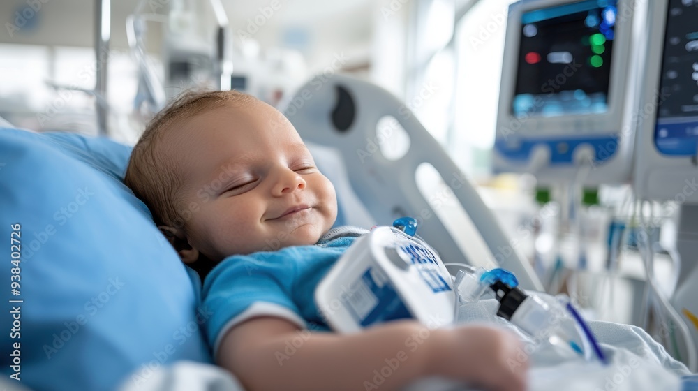 The image depicts a baby on a hospital bed, connected to medical ...