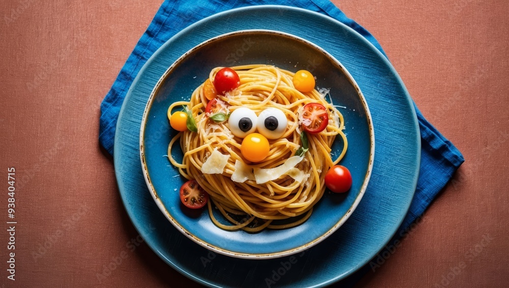 Spaghetti artfully decorated to look like a happy face with fresh ...