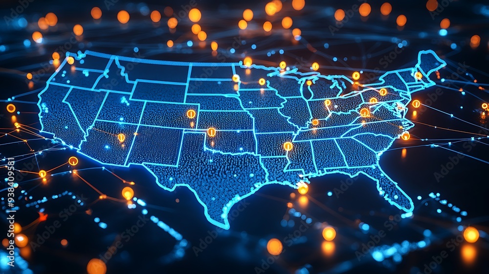 A high-tech, illuminated 3D map of the United States, showcasing ...