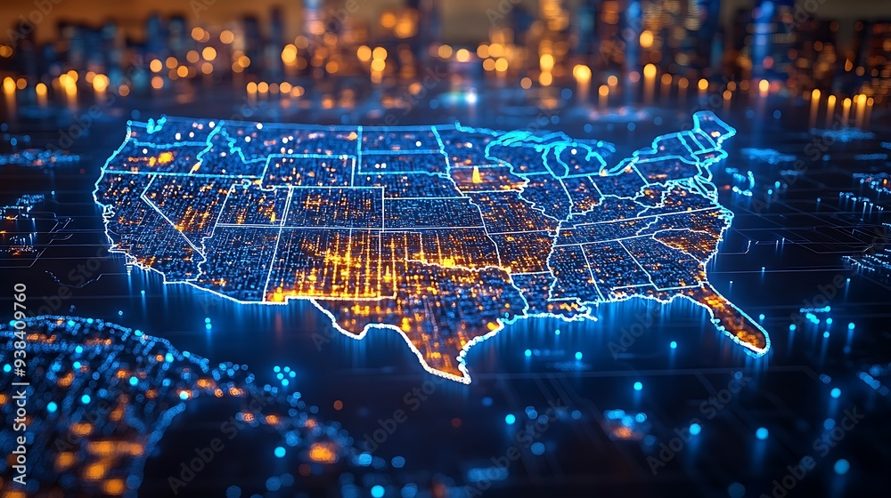 A high-tech, illuminated 3D map of the United States, showcasing ...