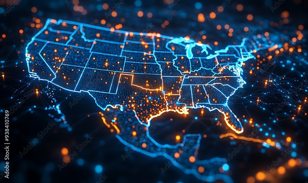 A high-tech, illuminated 3D map of the United States, showcasing ...