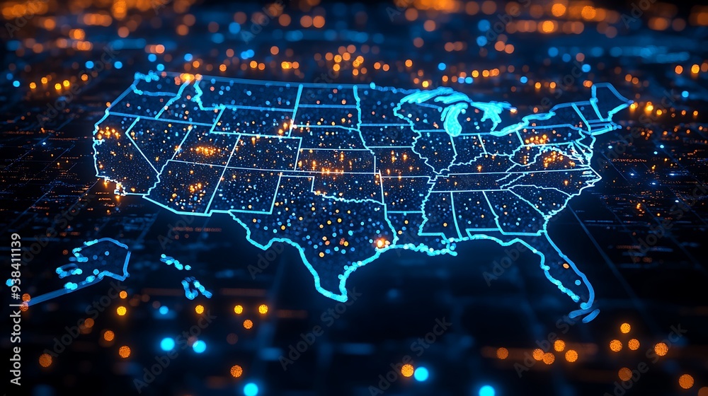 A high-tech, illuminated 3D map of the United States, showcasing ...