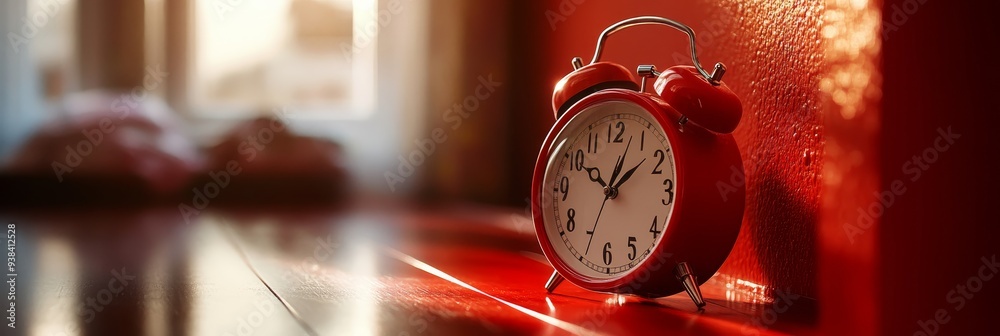 A classic red alarm clock with bells sits on a red surface, bathed in ...