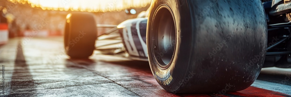A close-up of a race car tire, capturing the power and speed of ...