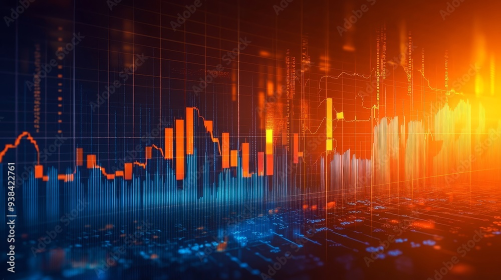 A stylized stock market chart with orange and blue bars representing ...