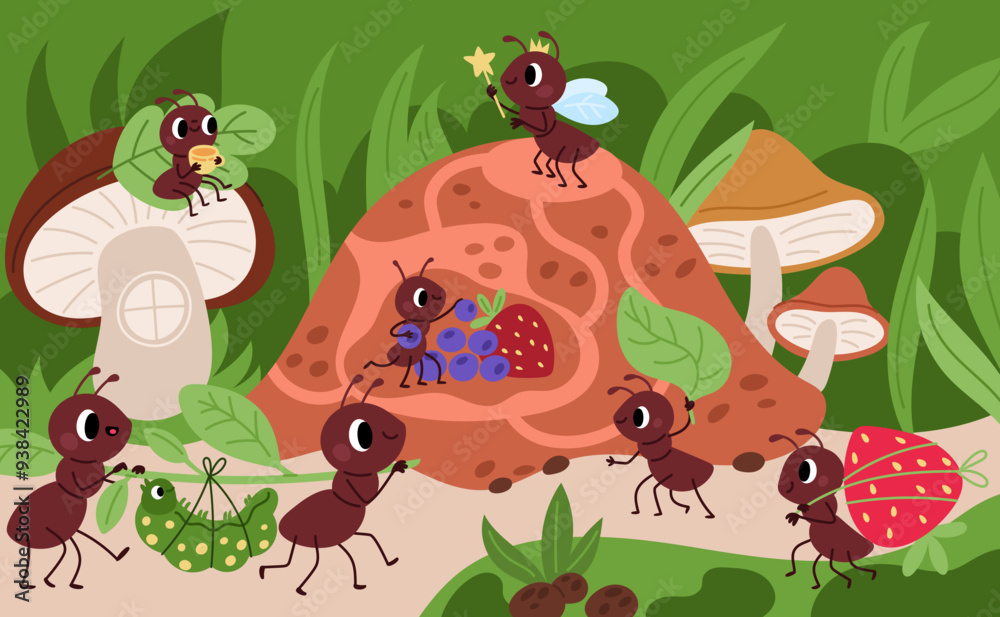 Cute ants life. Cartoon insects do different things. Animals carry ...