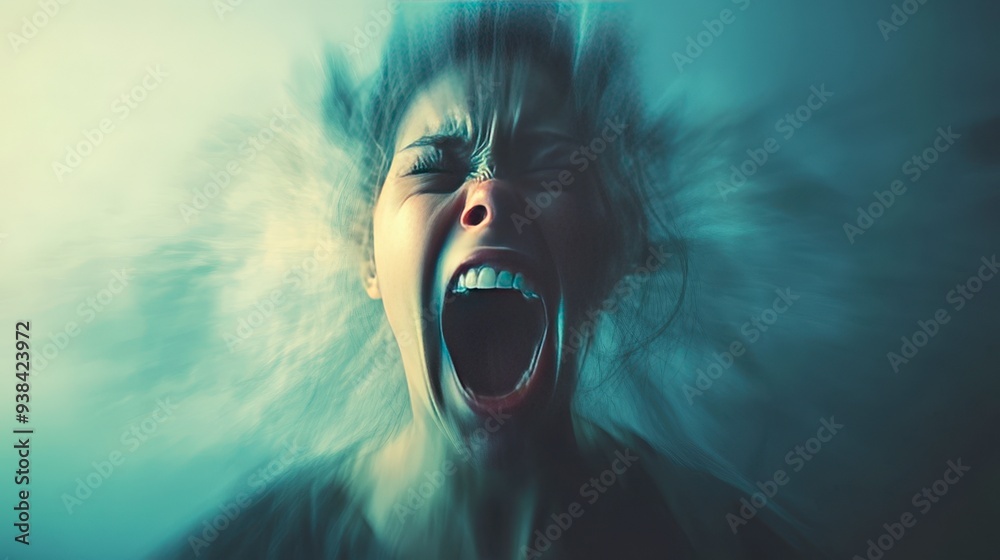 A woman screams with her mouth wide open. Her hair is blurred, as if ...