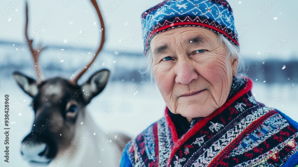 Portrait of a Saami Elder in Traditional Attire with Reindeer in ...