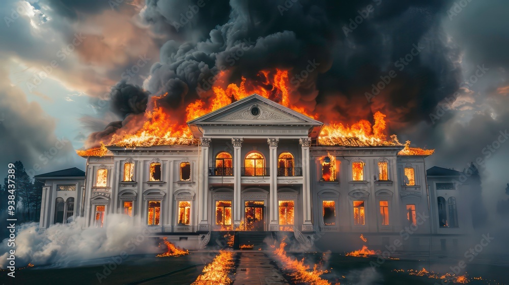 A large white mansion is engulfed in flames, with smoke billowing into ...