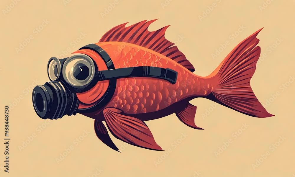 2D cartoon illustration depicting a red fish wearing a gas mask to ...