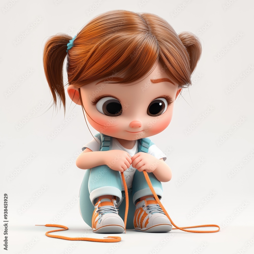 A cartoon little girl kneeling down, tying shoelaces, with studio ...