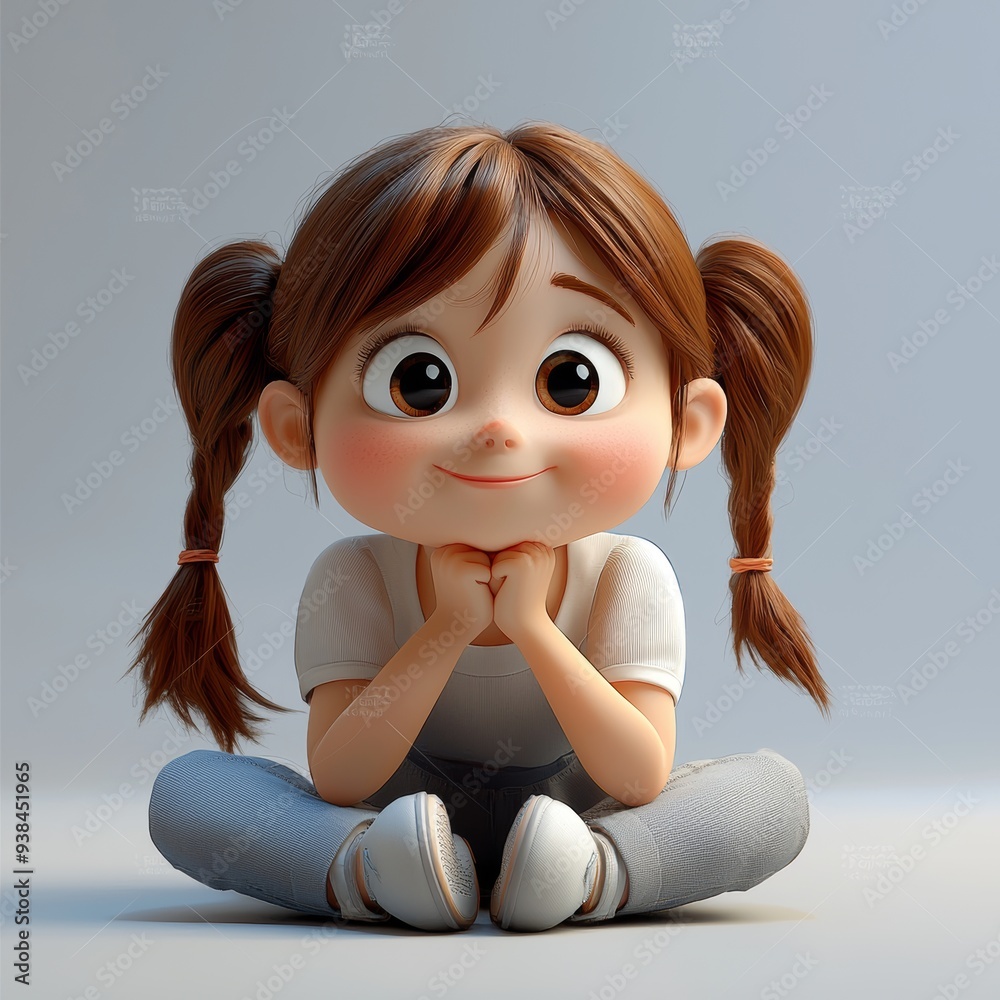 A cartoon little girl leaning forward with curiosity, hands on knees ...