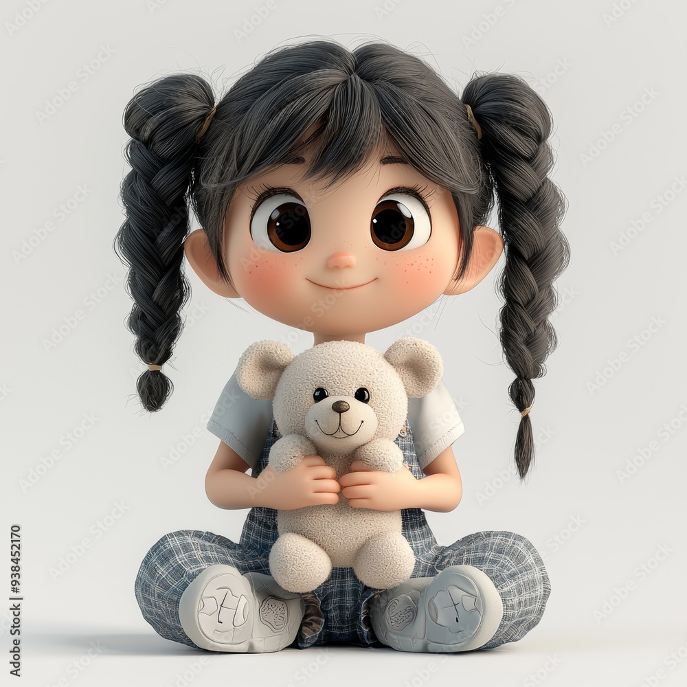 A cartoon little girl sitting cross-legged, holding a stuffed animal ...