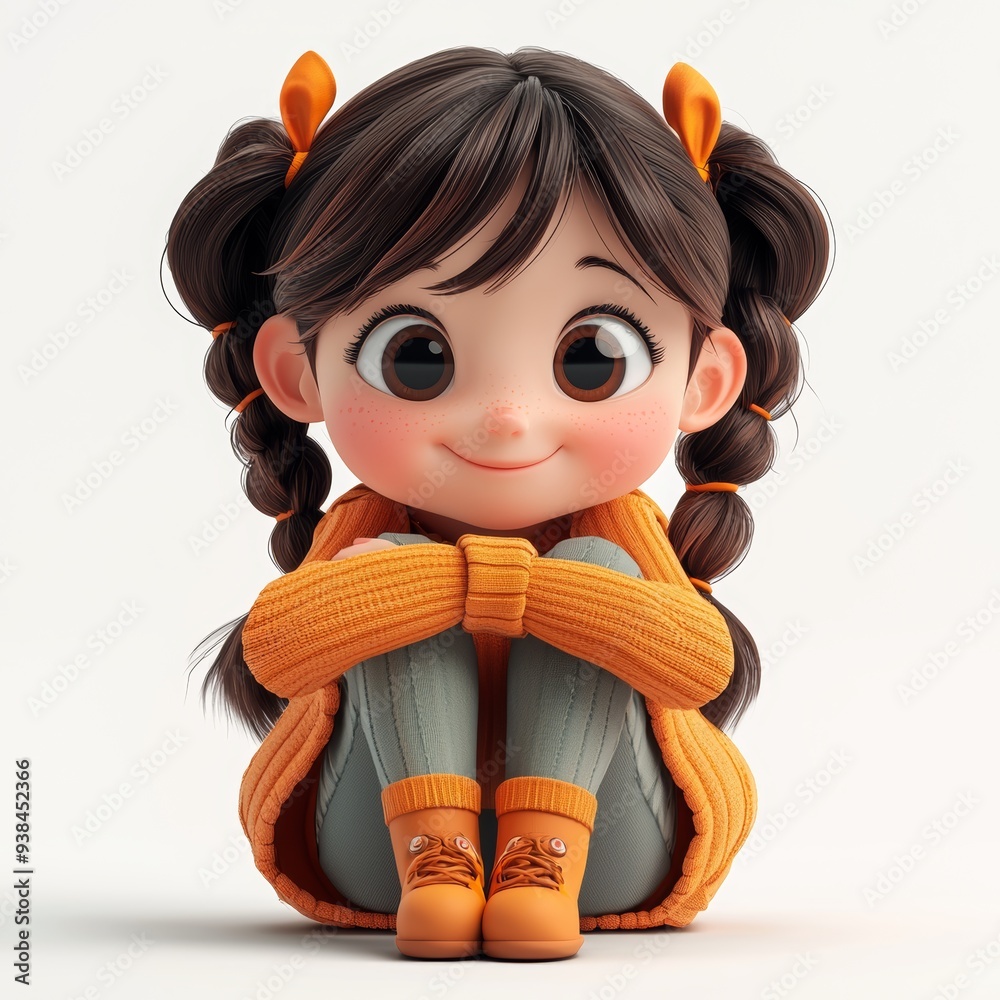 A cartoon little girl sitting with knees pulled up, hugging her legs ...