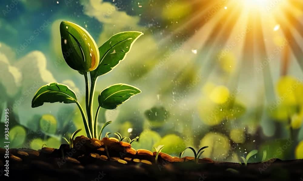 2D cartoon illustration of a plant seed germinating nurtured by ...