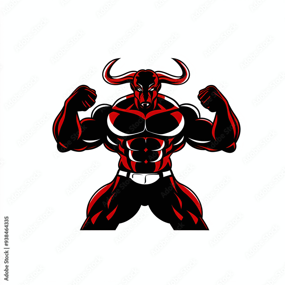 Minimalist monochrome logo of a bull in a powerful double biceps pose ...