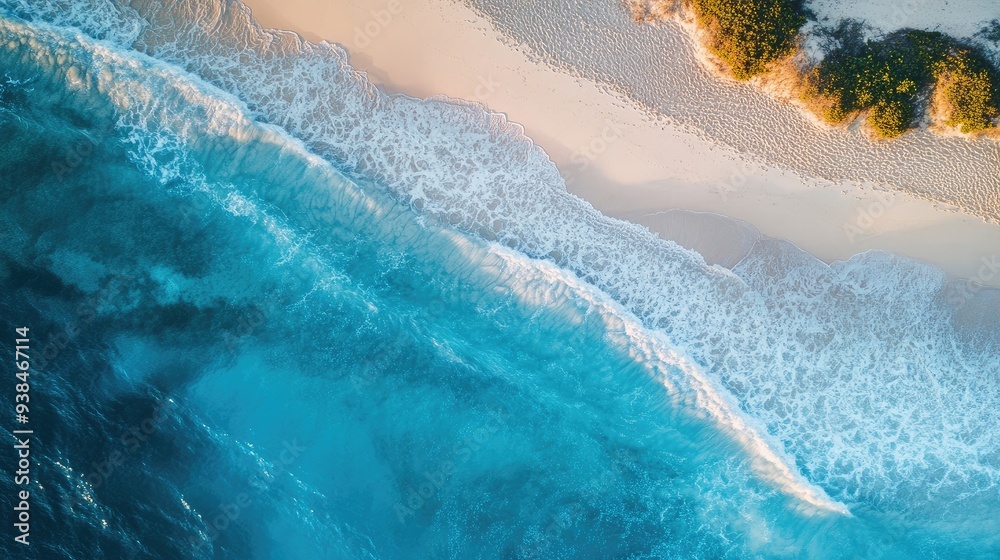 Top-down aerial perspective of a winding beach with soft sand and clear ...