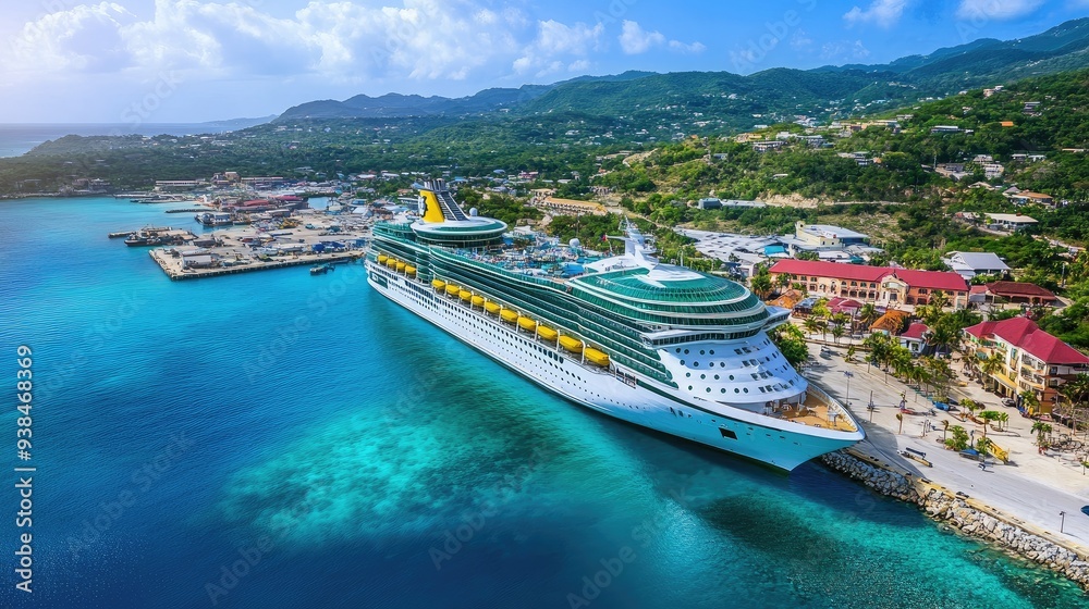Royal Caribbean cruise ship docked at a scenic port, with local ...