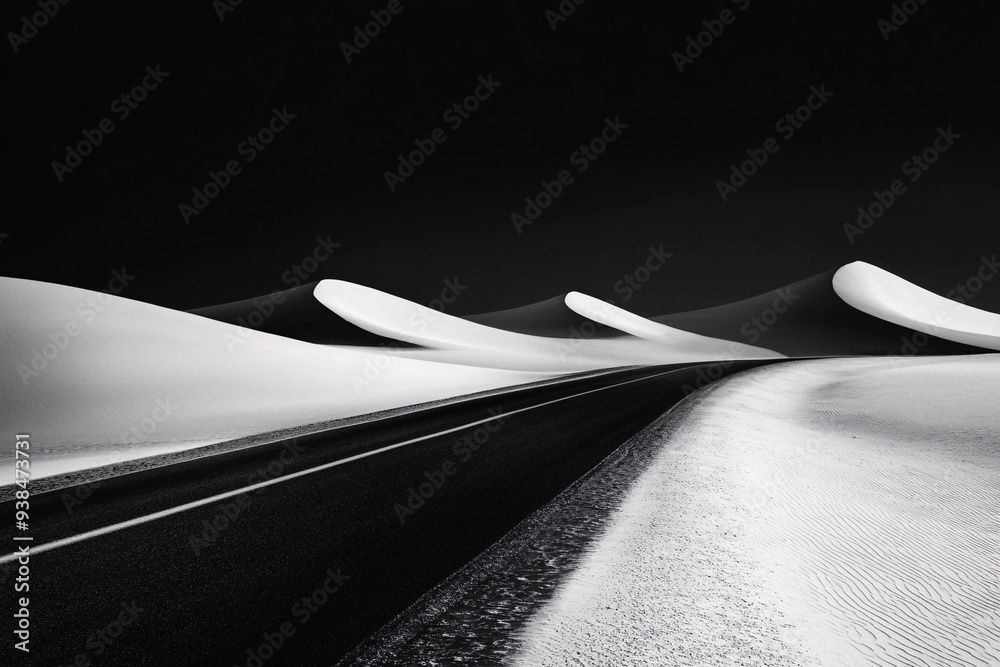 surreal black and white image of a winding road through abstract sand ...