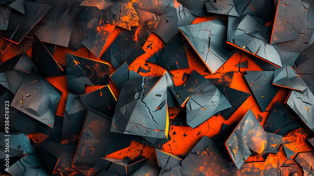 Geometric 3D shapes with glowing edges set against a orange backdrop ...
