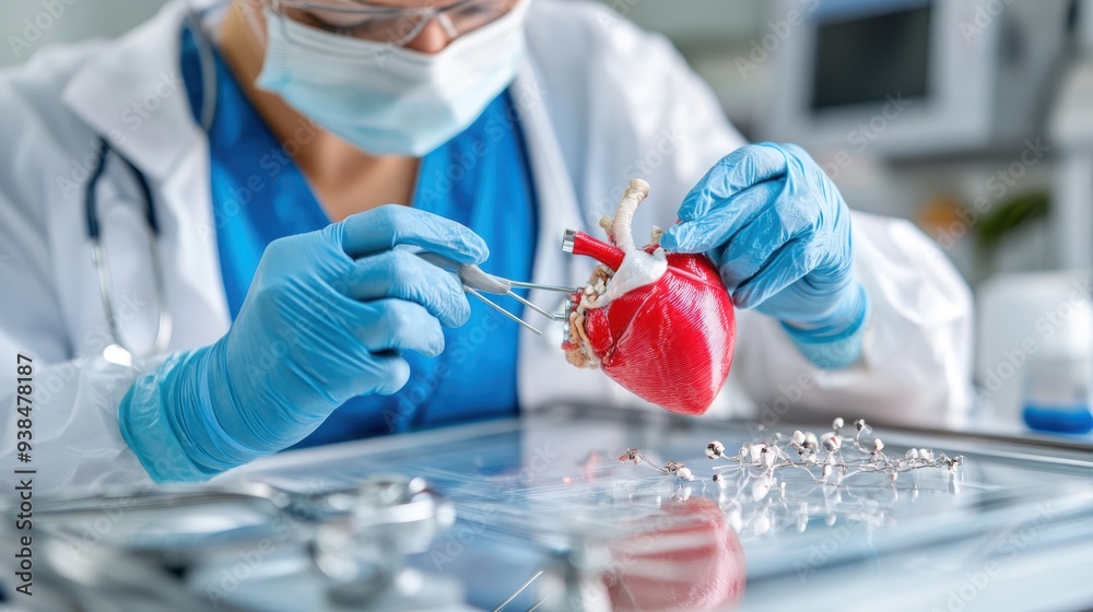 A scientist in blue gloves and a lab coat analyzes an anatomical heart ...