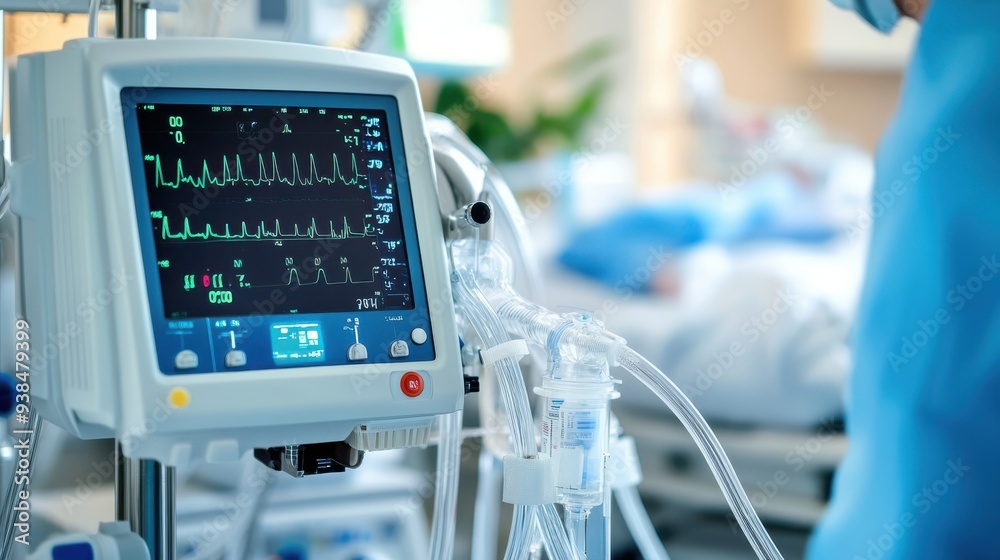 A close-up view of a digital heart monitor displaying vital signs in a ...