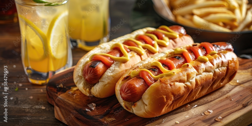 Tasty and warm hot dogs paired with cool summer lemonade; puff pastry ...