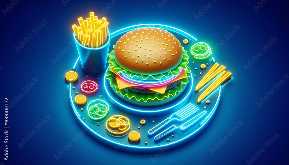 Neon burger illustration with bright, glowing outlines and vivid colors ...