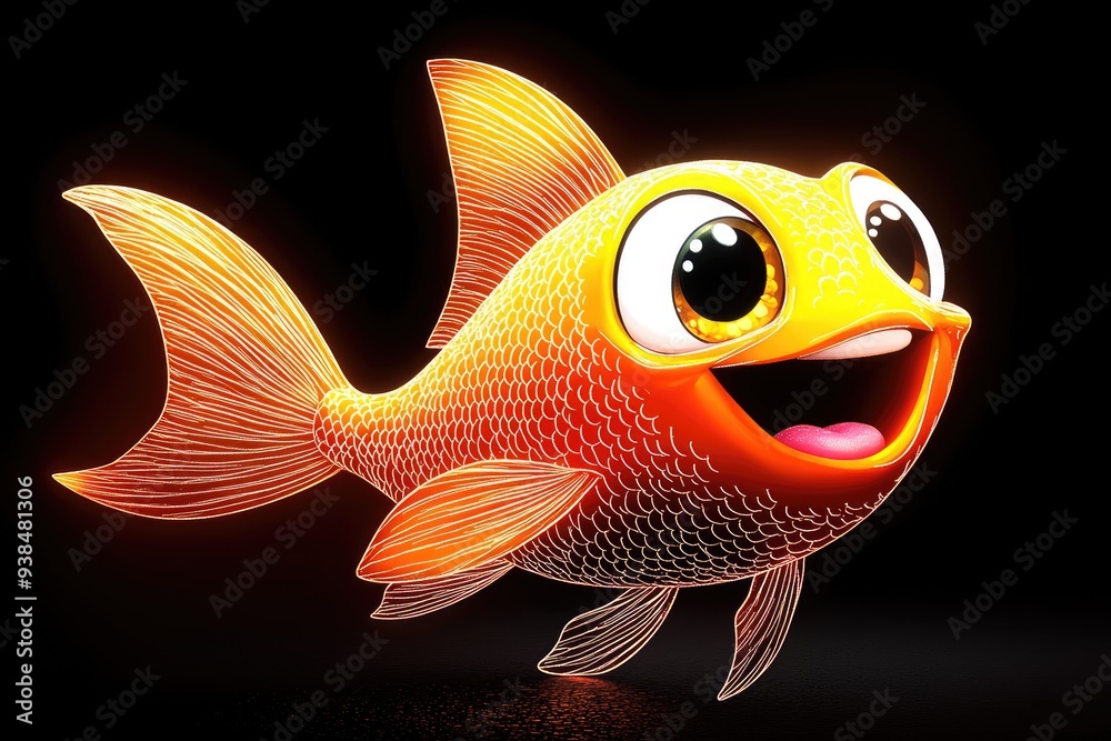 Happy cartoon fish with big eyes swimming joyfully in a dark ocean ...