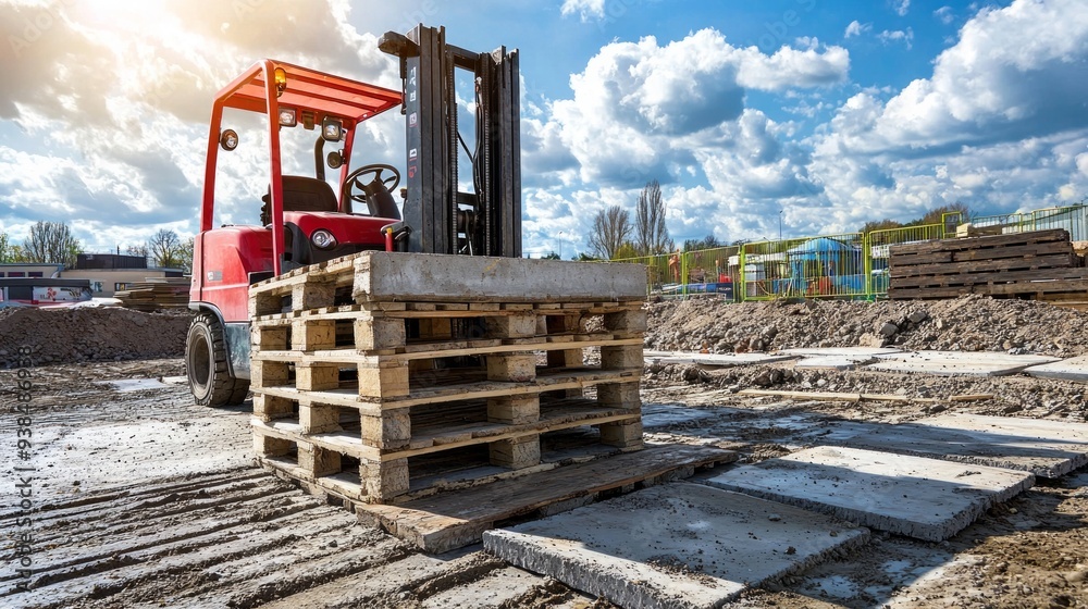 Industrial Forklift Lifting Wooden Pallet With Concrete Curb Slabs at ...