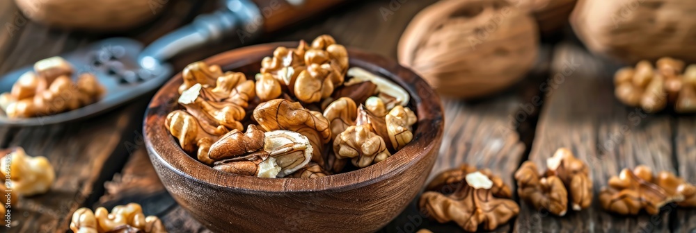 Walnut split open with a nutcracker revealing dried fruits and nuts, a ...